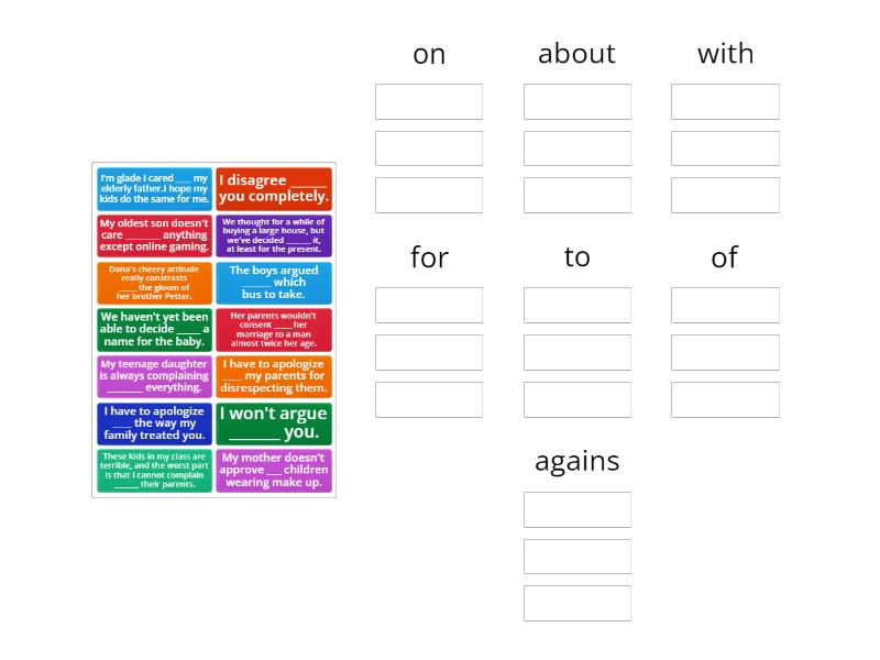 PREPOSITION CHALLENGE: verb + preposition (unit1) - Group sort