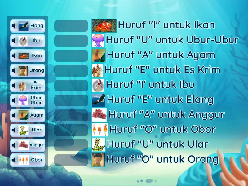Mencocokkan awalan huruf "A, I, U, E, O" dengan gambar - Une las parejas