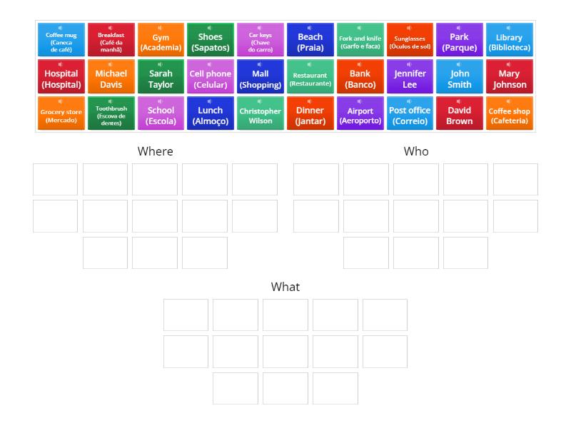 DAILY ACTIVITIES → wh question words - Group sort