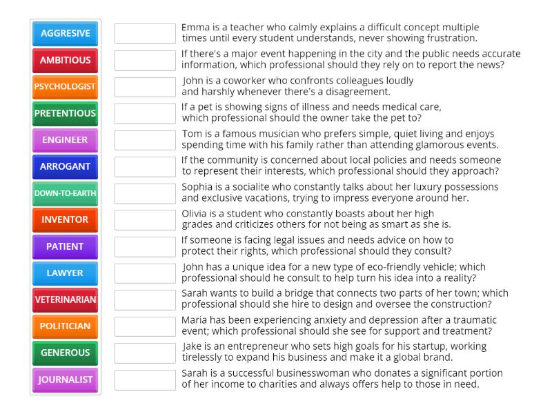 Matching exercise "Professions and Personality types" - Match up