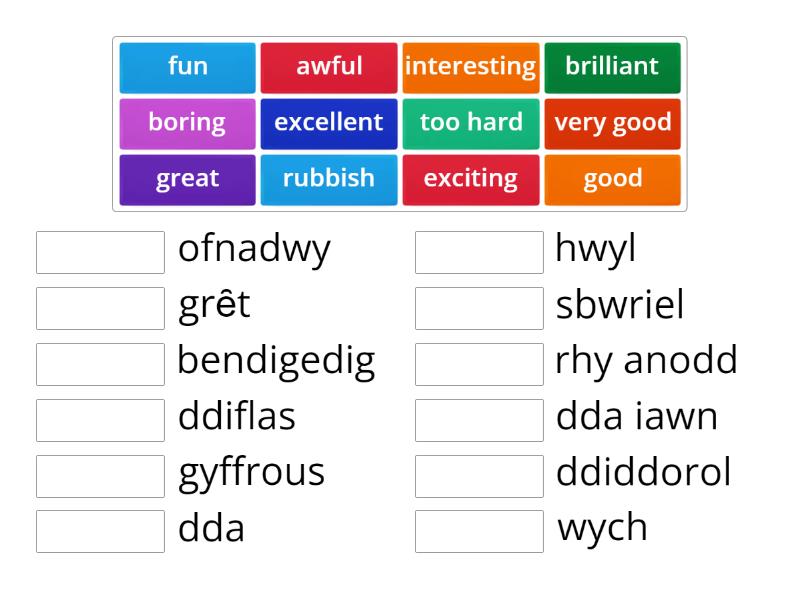 Welsh adjectives - opinions - Match up