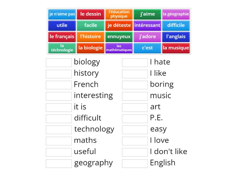 French school subjects opinions reasons - Match up