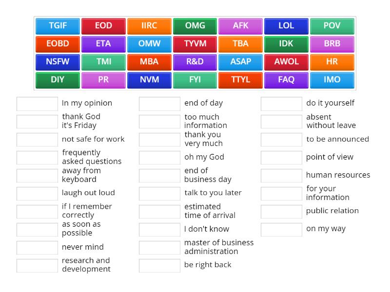 Common Abbreviations on the Internet - Match up
