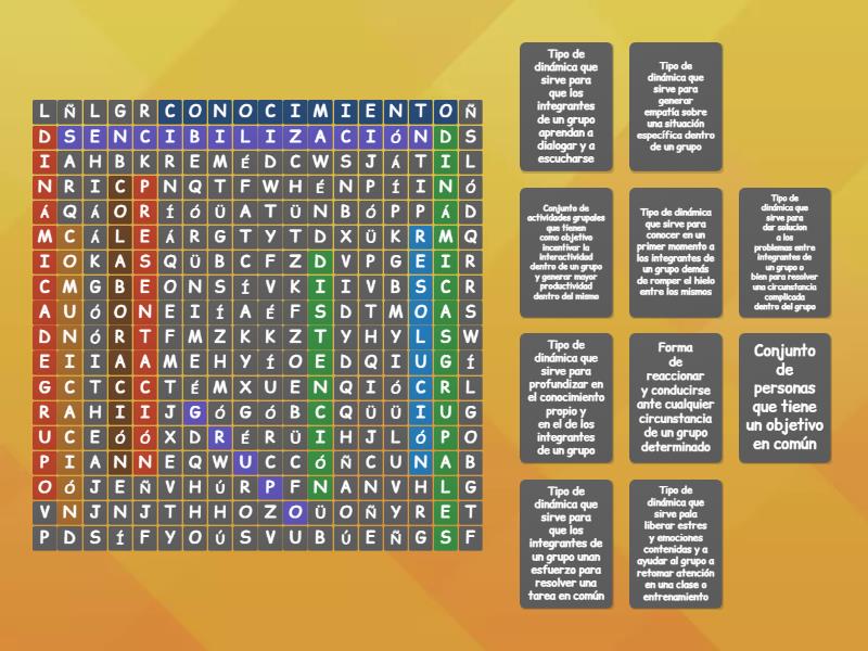 Tipos de dinámicas grupales - Sopa de letras