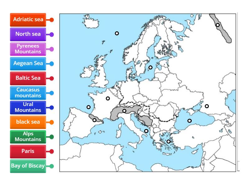 Physical map of Europe Mountains/ seas - Labelled diagram