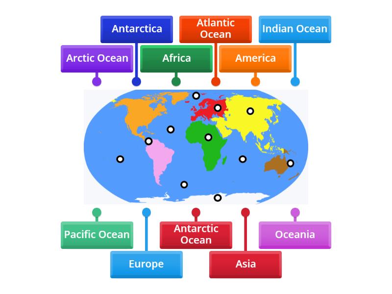 Continents (parts of the world) and Oceans - Labelled diagram