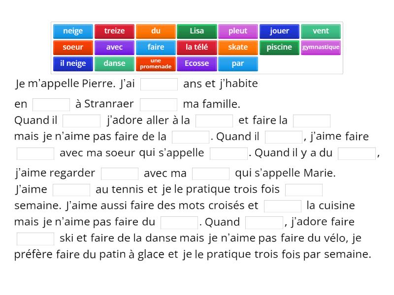 Mes passe temps - Complete the sentence