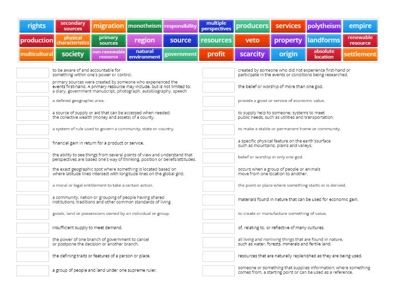 30 Social Studies Terms - Match up