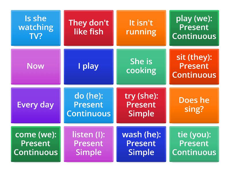 Present Simple vs Present Continuous - Flip tiles