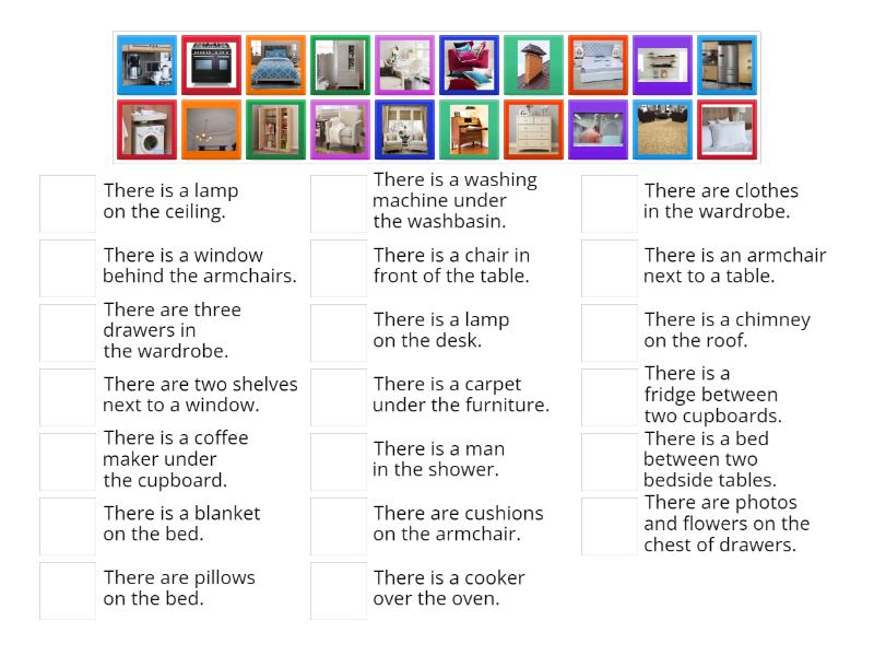 Prepositions of place and house vocabulary. - Match up