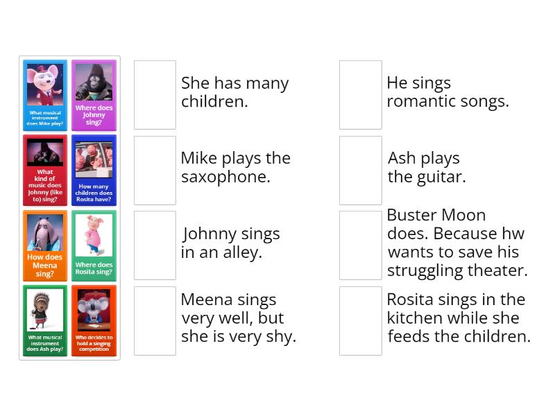 movie "Sing" Set of questions - Match up