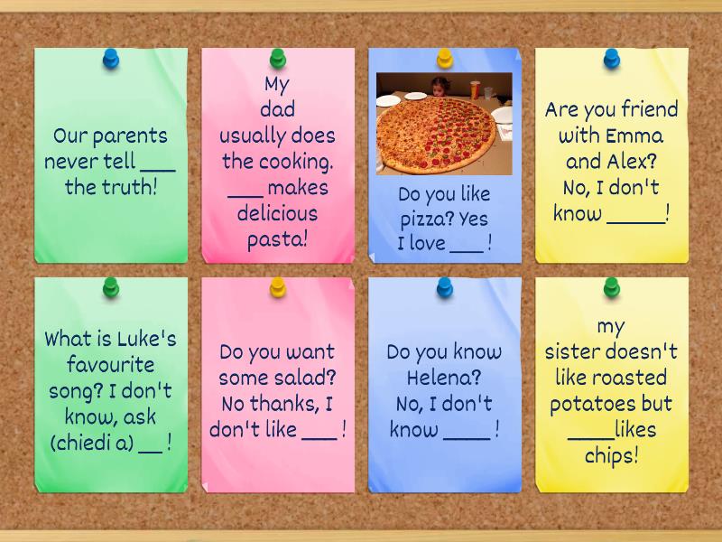 Complete the sentences with SUBJECT or OBJECT pronouns - Flip tiles