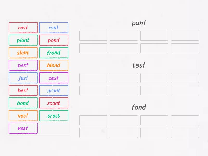 Word Families : ‑ant, ‑est, ‑ond - Group sort