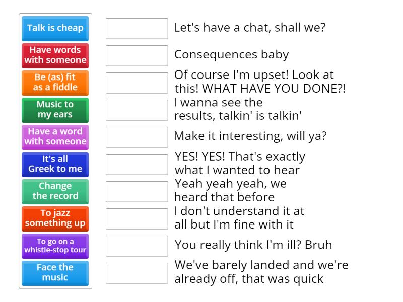 Idioms and the unusual definitions - Match up