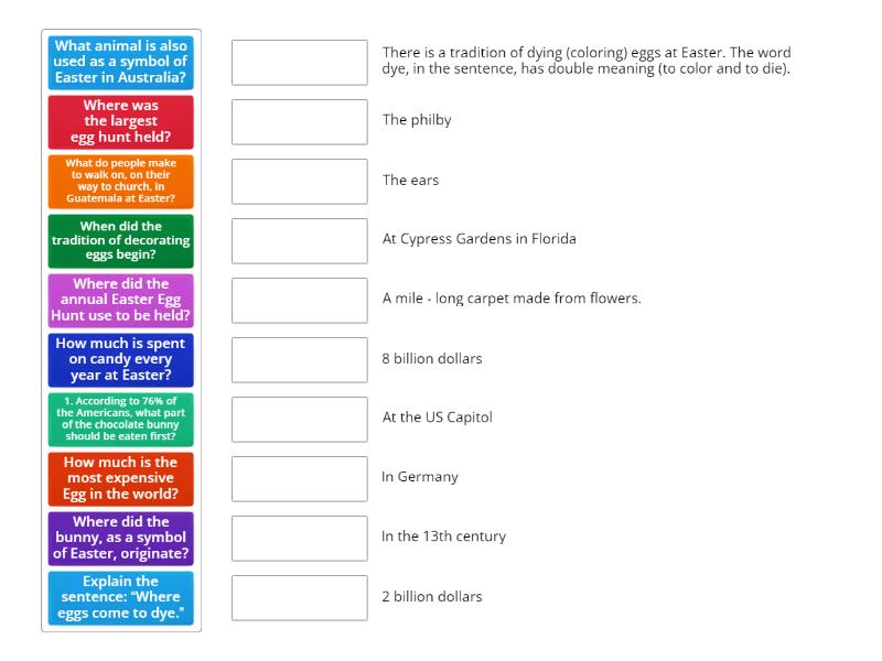 Quiz "10 fun facts about Easter" - Match up