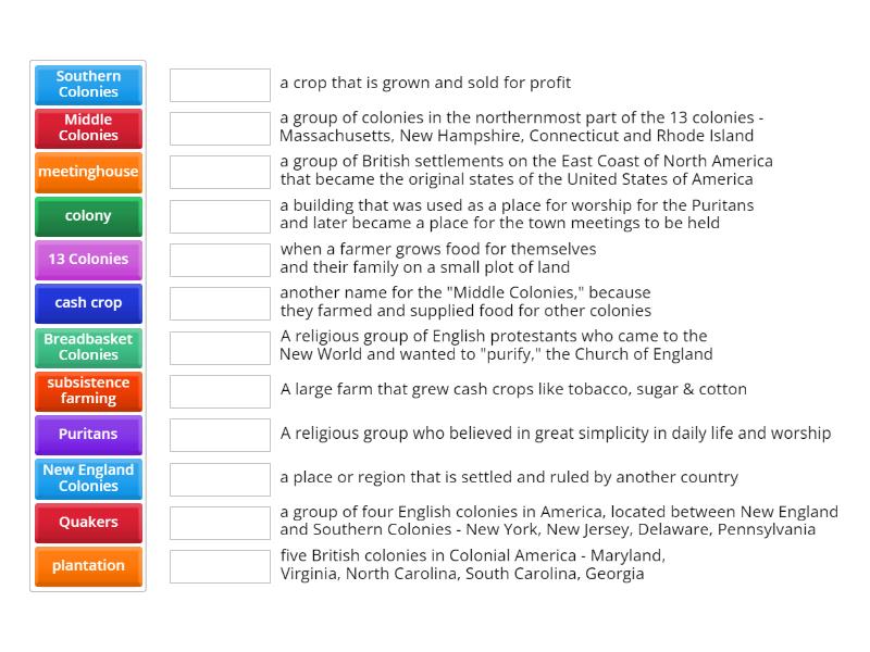 Colonial Regions - Vocabulary - Match up