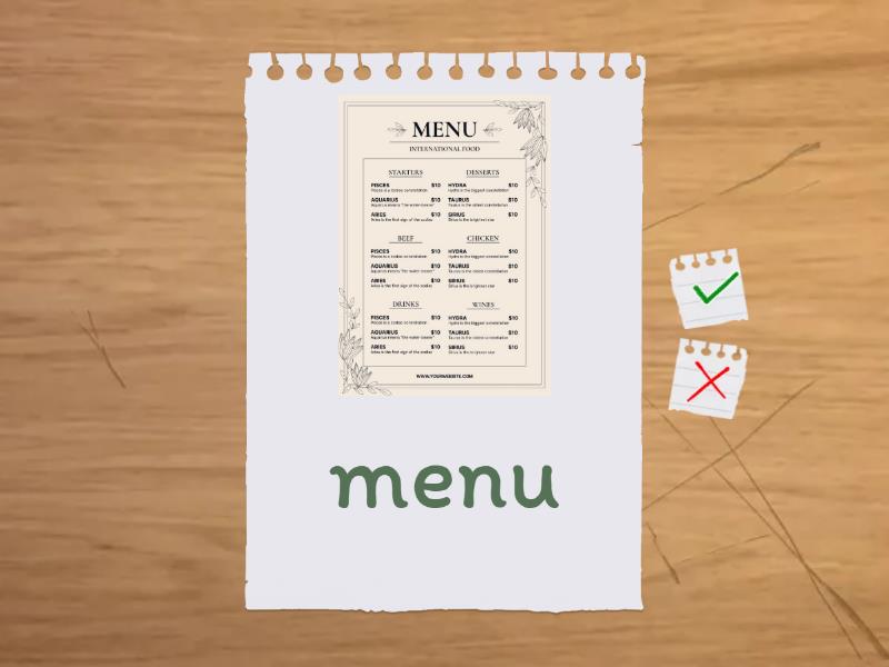 Vocabulary. In a restaurant - Flash cards