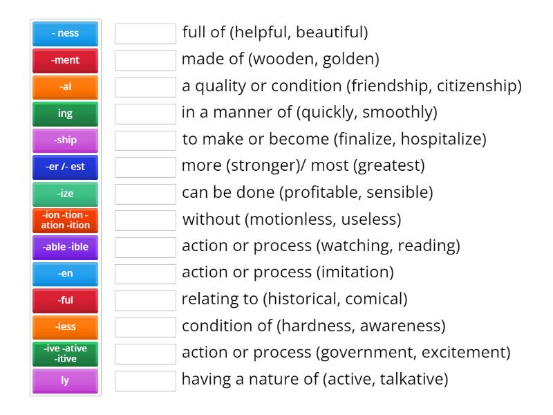 Match suffixes with their meanings - Match up