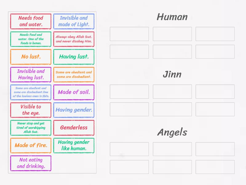 Differences between humans, Jinn and Angels - Ordenar por grupo