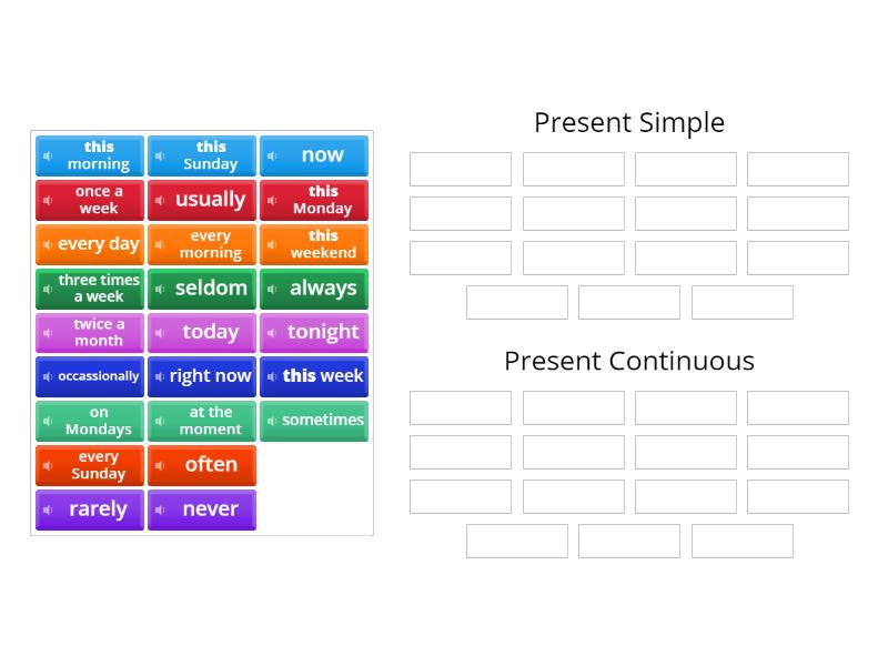 Present Simple vs Present Continuous: określenia czasu. Uporządkuj! - Group sort
