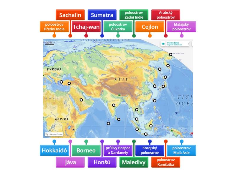 Fyzická mapa Asie - pobřežní členitost - Labelled diagram