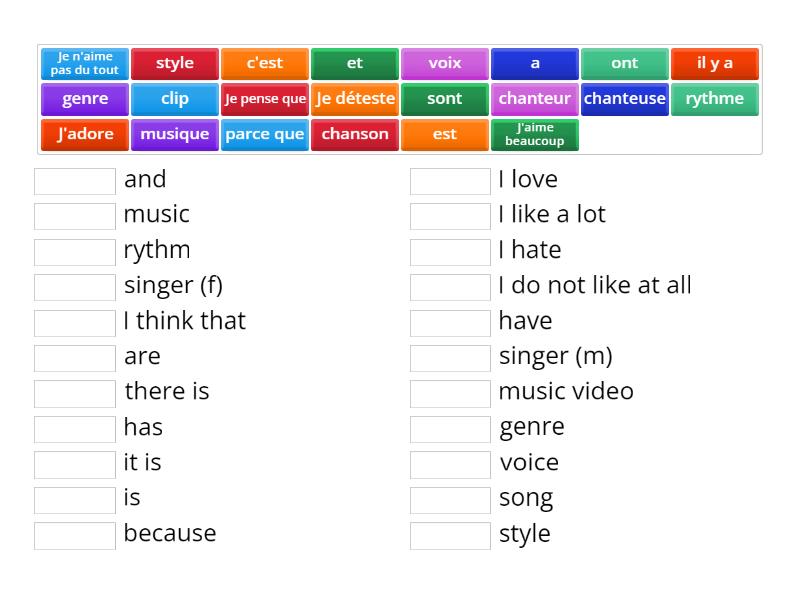 Vocabulaire de la musique (4ième) - Match up