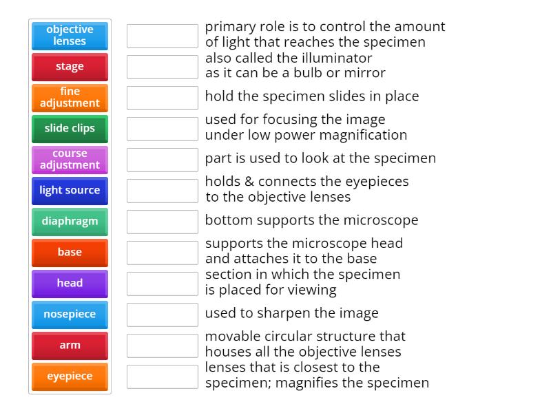 Functions of the Parts of a Microscope - Match up