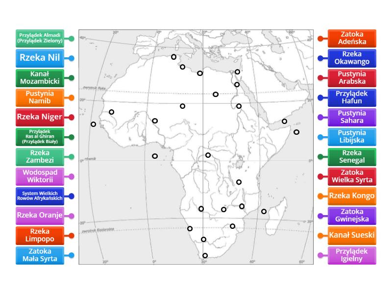 Afryka mapa ogólna (rzeki, wodospad, pustynie, przylądki, zatoki ...