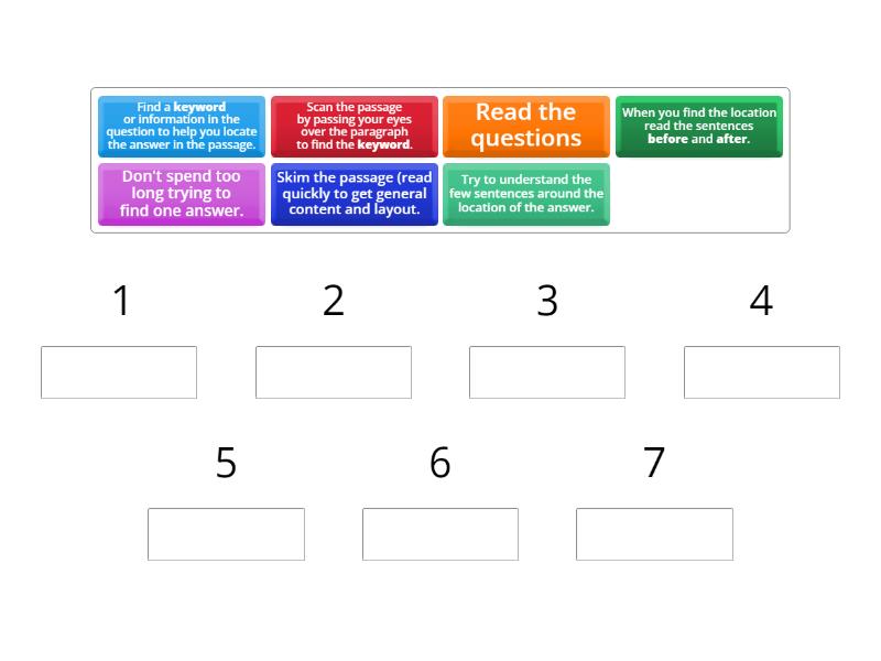 Put the following reading strategies in the correct order. - Group sort