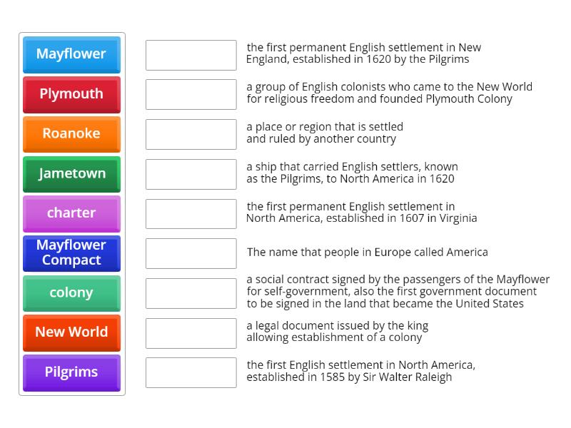 The First Colonies - Vocabulary - Une las parejas
