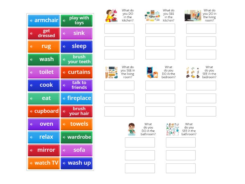 house rooms,objects and verbs - Group sort
