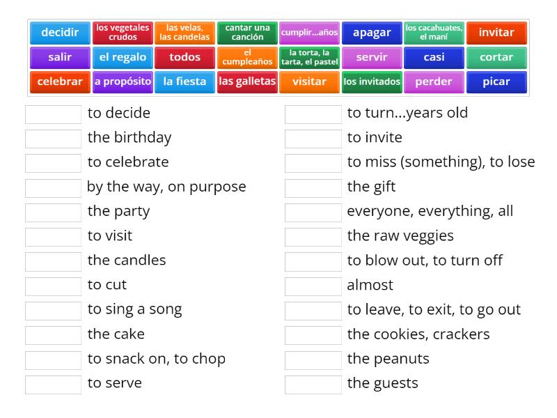 Chapter 8 vocabulary: el cumpleaños - Match up