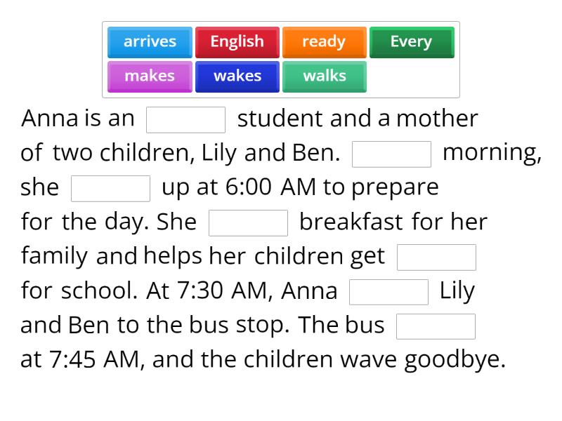 Reading Assessment Practice 2 Anna's Day - CLB 1-2 - Complete the sentence