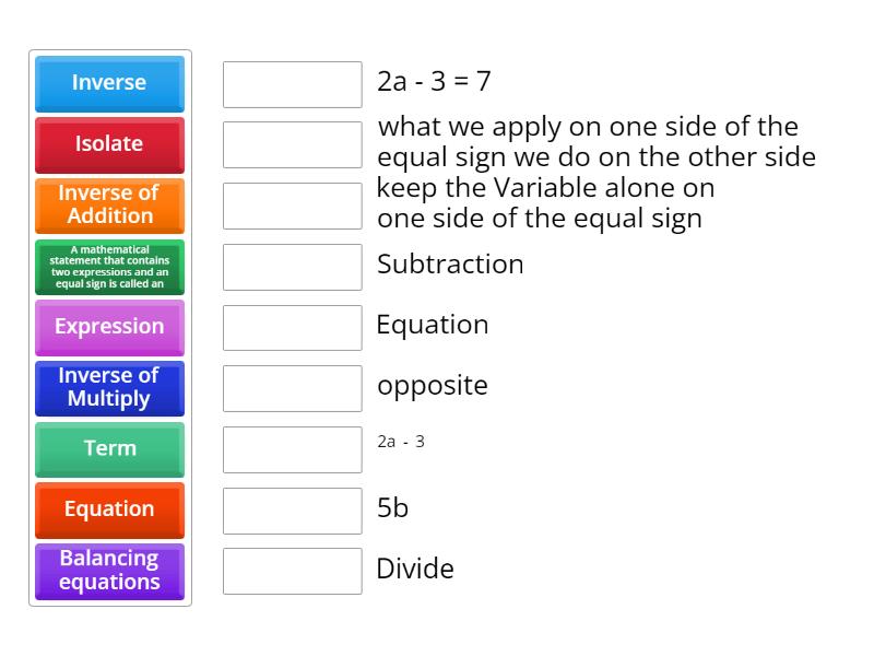 Lesson 2.1 & 2.2 - Writing and Interpreting Equations - Match up