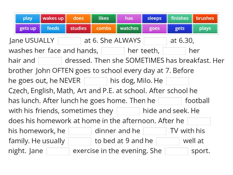 Present simple - daily routine - 3rd person singular - Missing word