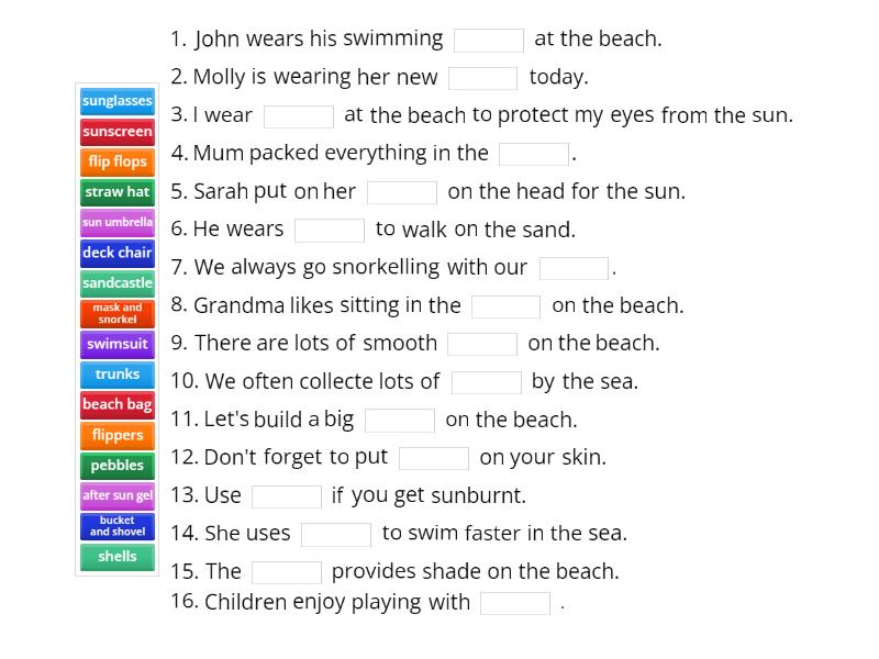 Beach words. - Complete the sentence