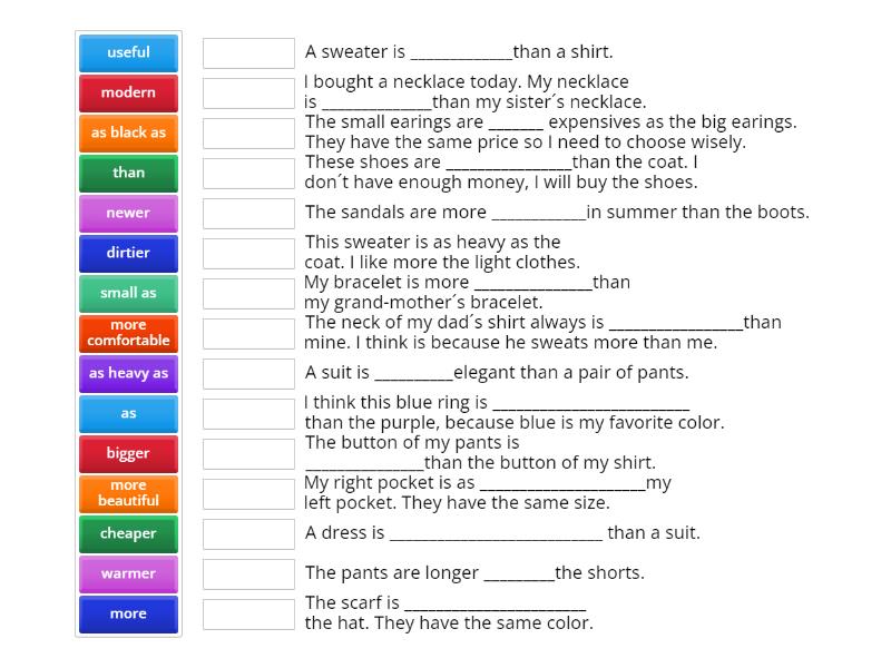 Clothes comparative sentences - Match up