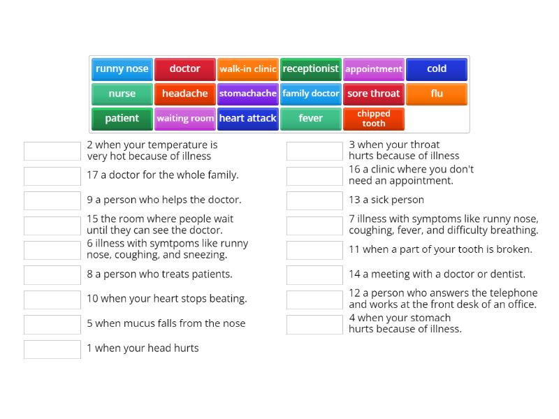 Doctor's office and Common Illnesses Matchup L3 - Match up
