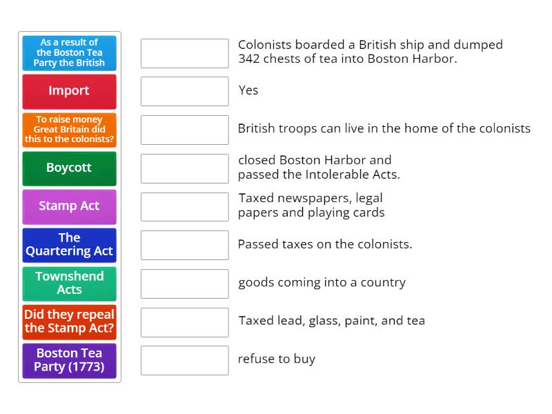 Stamp Act, Townshend Acts, Boston Tea Party, Quartering Act - Match up