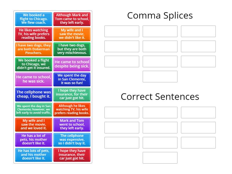 Comma Splices versus Correct Sentences - Ordenar por grupo