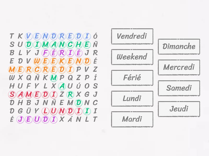Les jours de la semaine - Mots mêlés