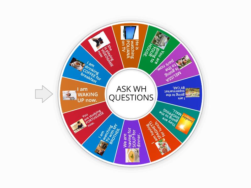 WH QUESTIONS present continuous - Spin the wheel