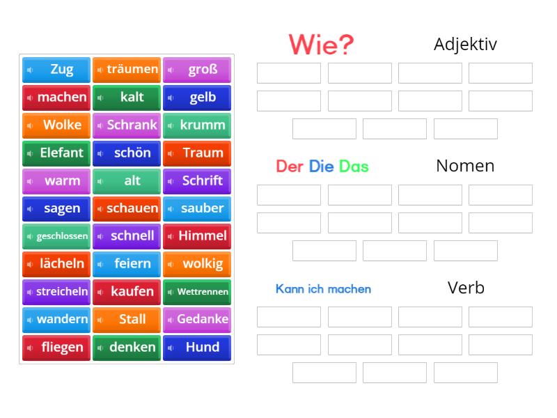 Nomen, Verb oder Adjektiv Gruppenzuordnung mit Audio - Group sort