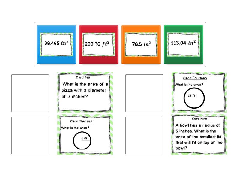 Area of Circles - Matching - Match up