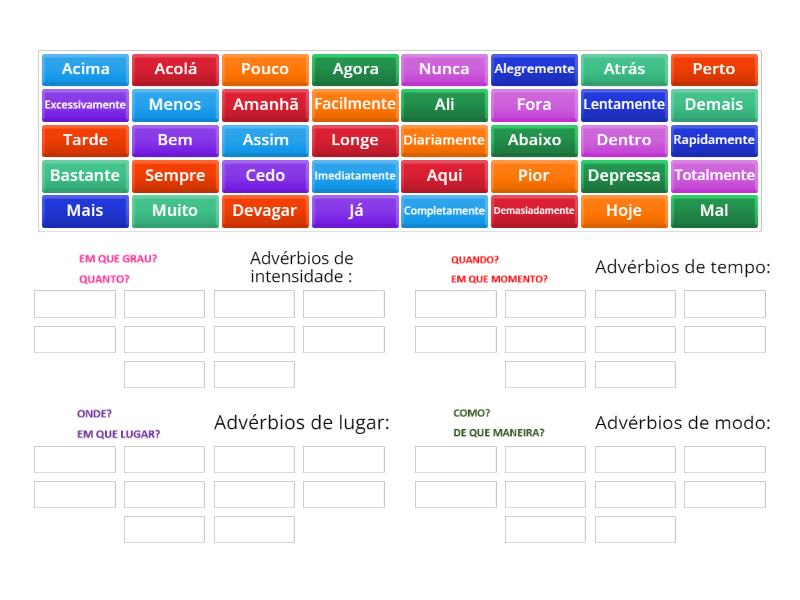 Advérbios: modo, tempo, lugar e intensidade. Abra a caixa 5º ano C - Group sort