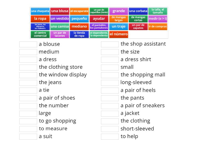 Chapter 9 Vocabulary: en la tienda de ropa (Part 1) - Une las parejas