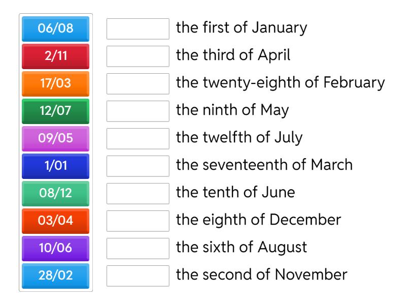 Dates and Ordinal Numbers - Сопоставить