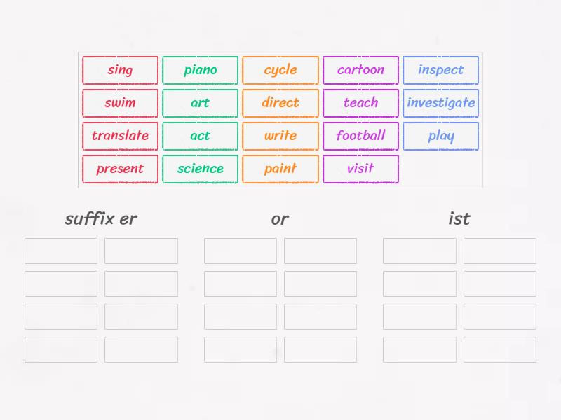 Spotlight 6 noun suffixes er, or, ist - Group sort