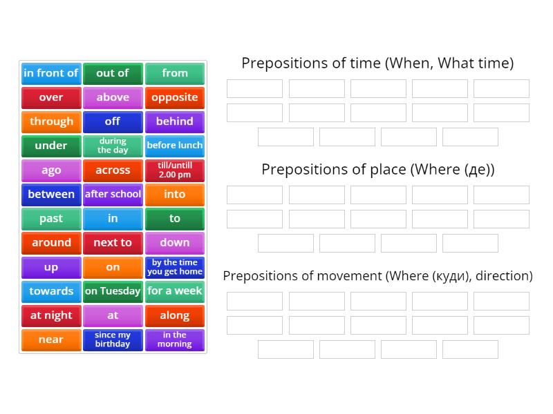 Prepositions of time, place, movement - Group sort