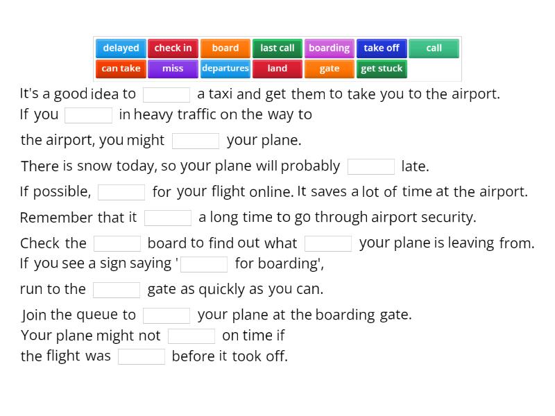 A2 Outcomes: Unit 3 Vocabulary: Travelling by plane - Complete the sentence